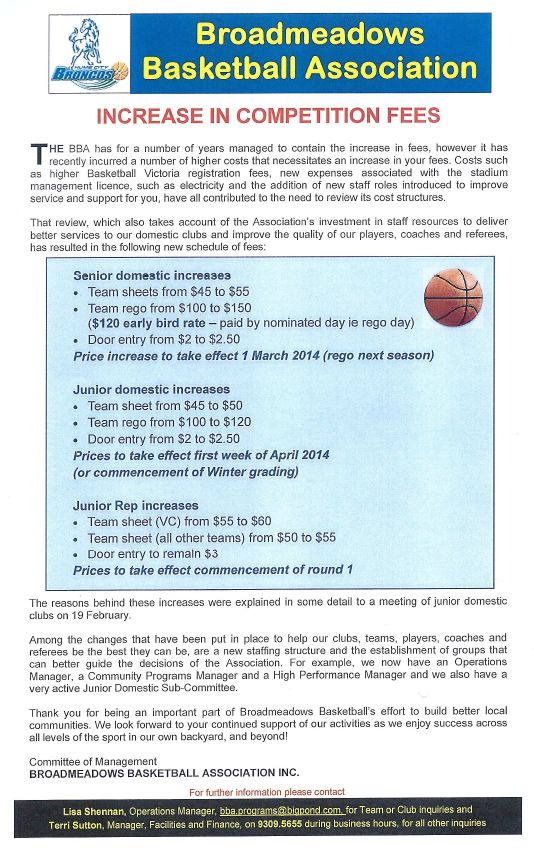 BBA increases competition fees | GREENVALE BASKETBALL CLUB